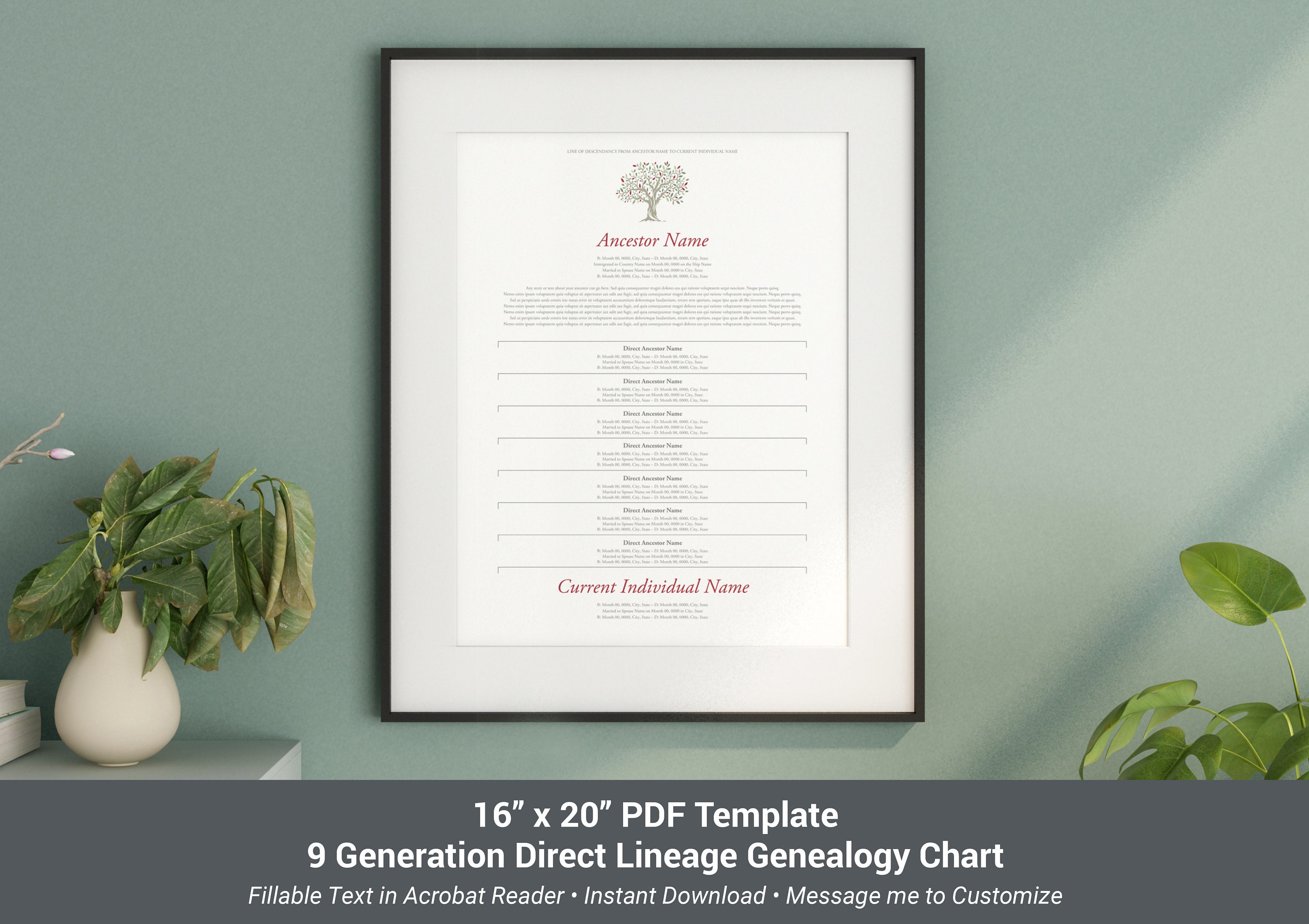 Direct Line Family Tree Template, 9 Generation 16x20 Fillable PDF ...