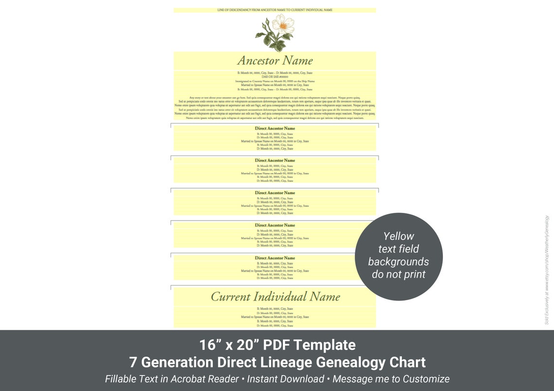 Direct Lineage 7 Generation Fillable Family Tree PDF Template 16x20 ...