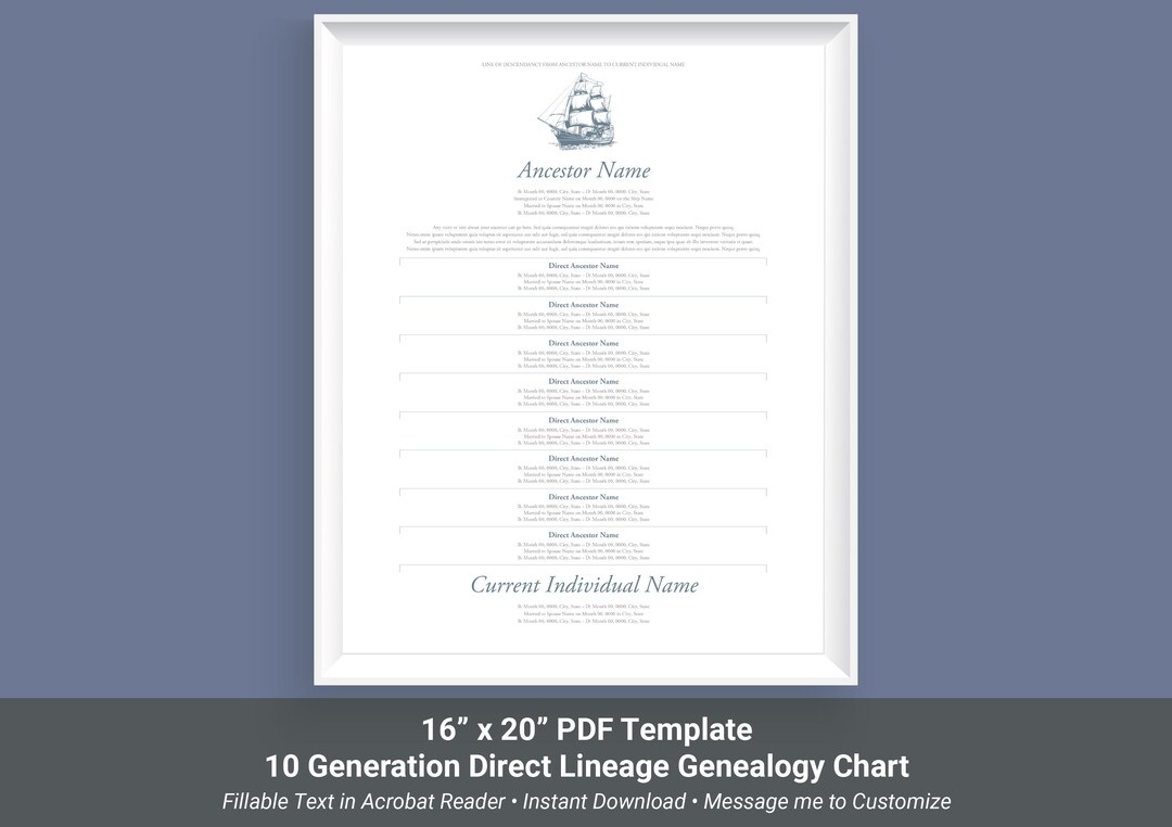 10 Generation Direct Lineage Fillable Family Tree Template 16x20 ...