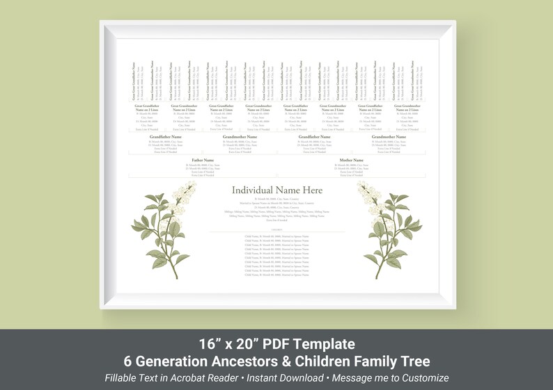 6 Generation Fillable Family Tree Template 16x20 - Etsy Hong Kong