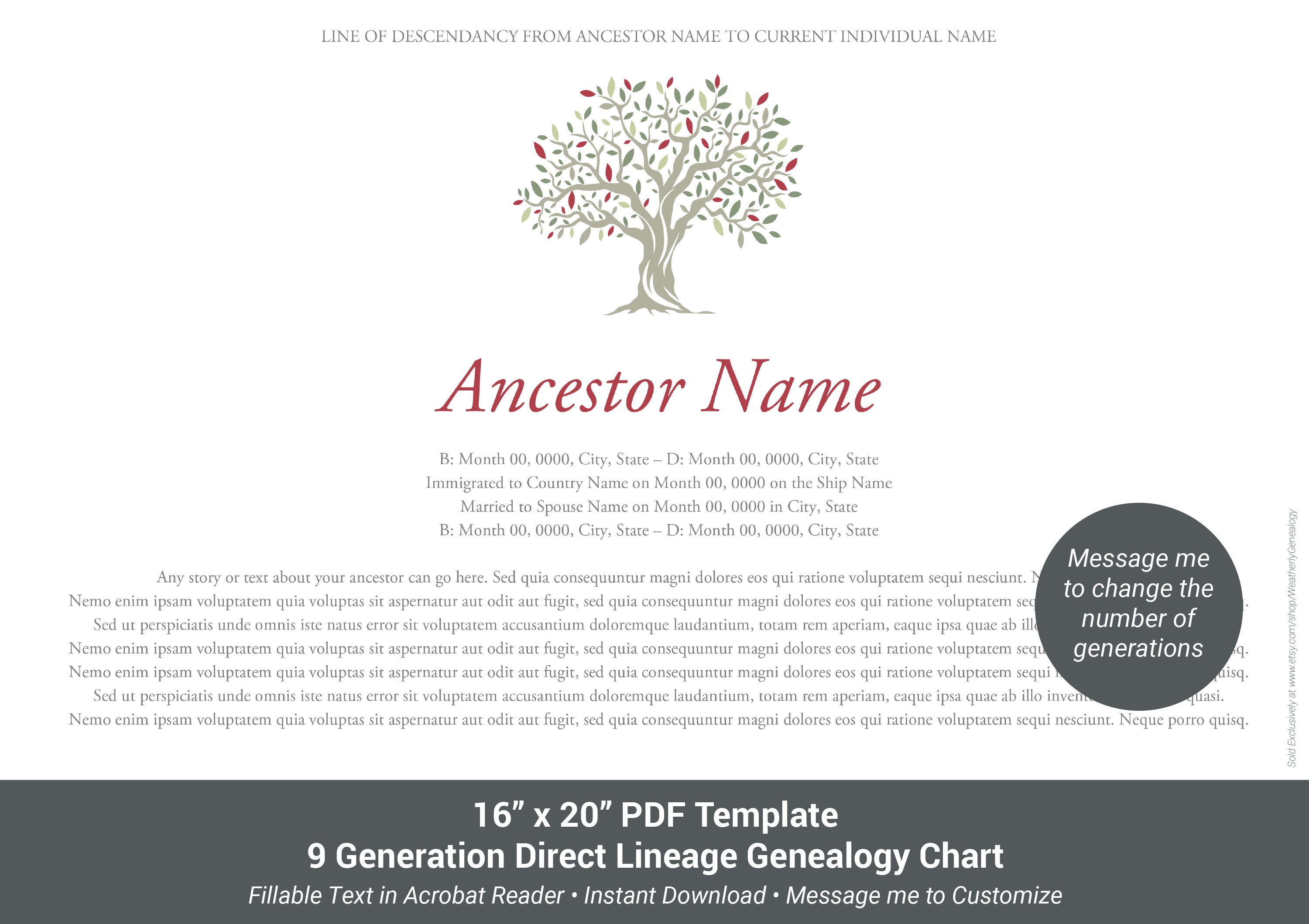 Direct Line Family Tree Template, 9 Generation 16x20 Fillable PDF ...