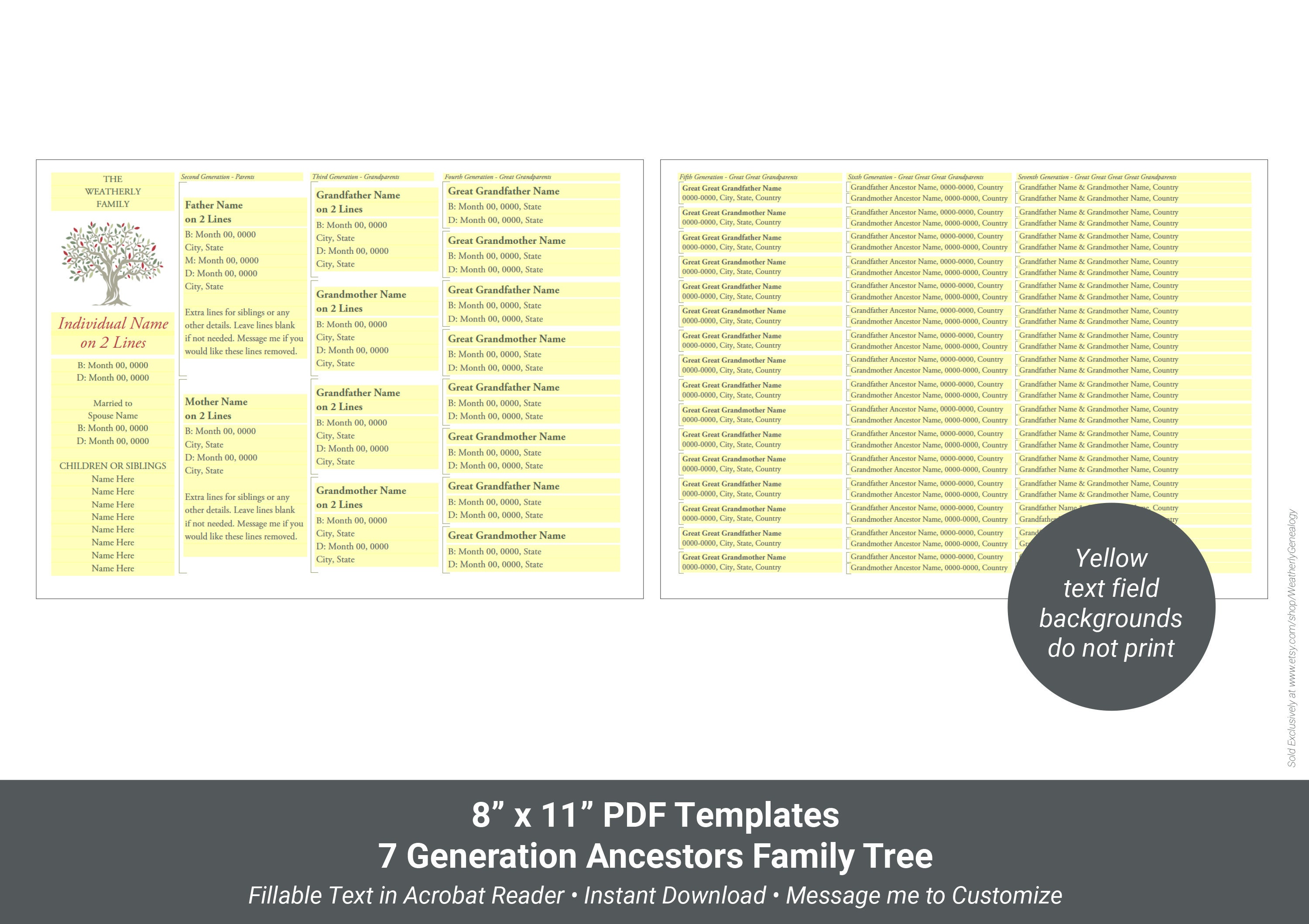 Family Tree Template for 8x11 Photo Book, 7 Generation Fillable PDF ...