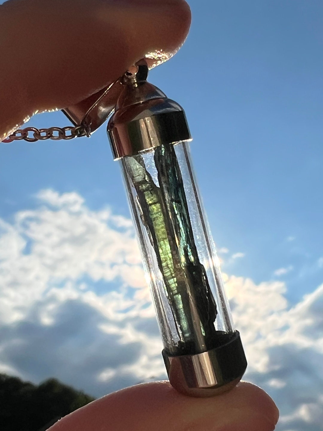 RARE Vivianite Pendant | Gemmy Blue Green Blade Vial Tube Glass Locket ...