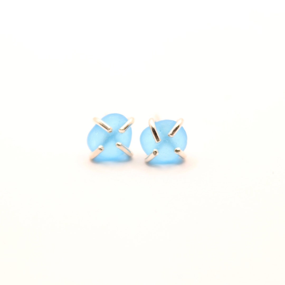 Sea Glass Stud Earrings, Blue Beach Glass Earrings in Sterling Silver ...