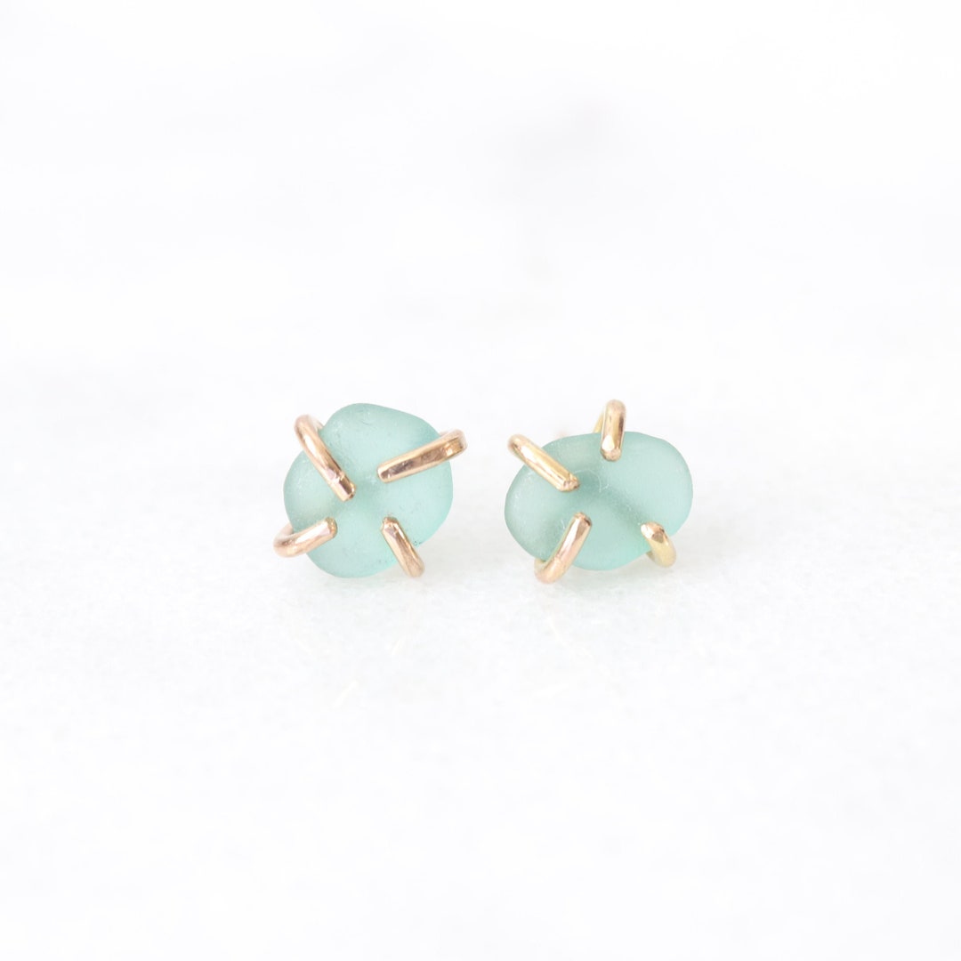Sea Glass Stud Earrings, Green Beach Glass Earrings in Sterling Silver ...