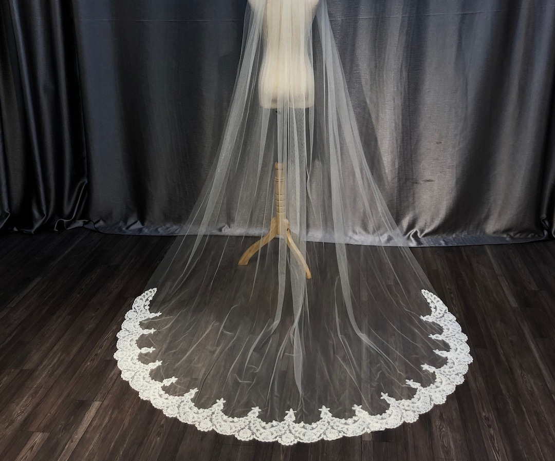 Long Train Bridal Veil With Lace Trim. Limited Handmade Quantity ...