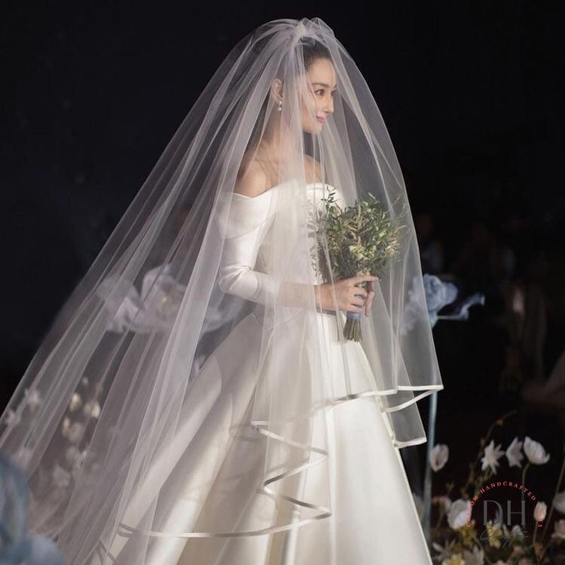 White Wedding Veil Satin Cord Edge Cathedral Wedding Veil - Etsy