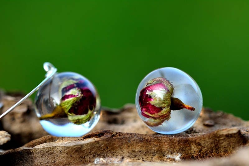 Real Roses Resin Earrings, Resin Jewelry, Silver Earrings With Real Red ...