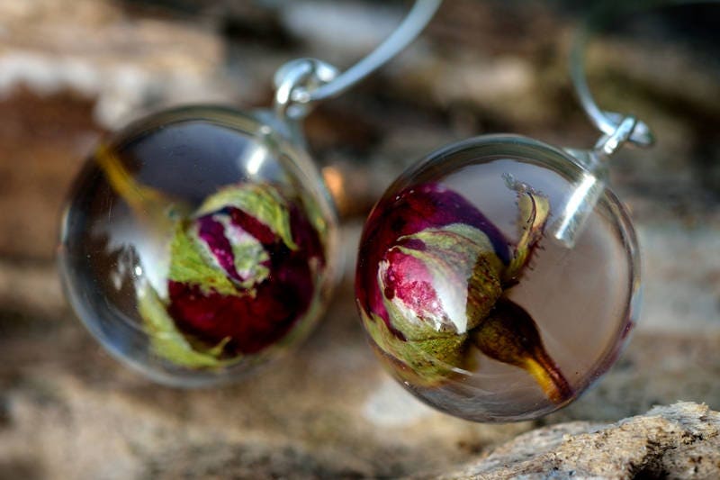Real Roses Resin Earrings, Resin Jewelry, Silver Earrings With Real Red ...