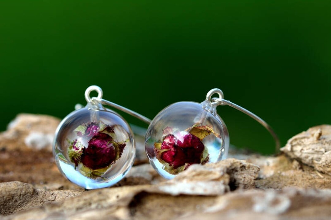 Real Roses Resin Earrings, Resin Jewelry, Silver Earrings With Real Red ...