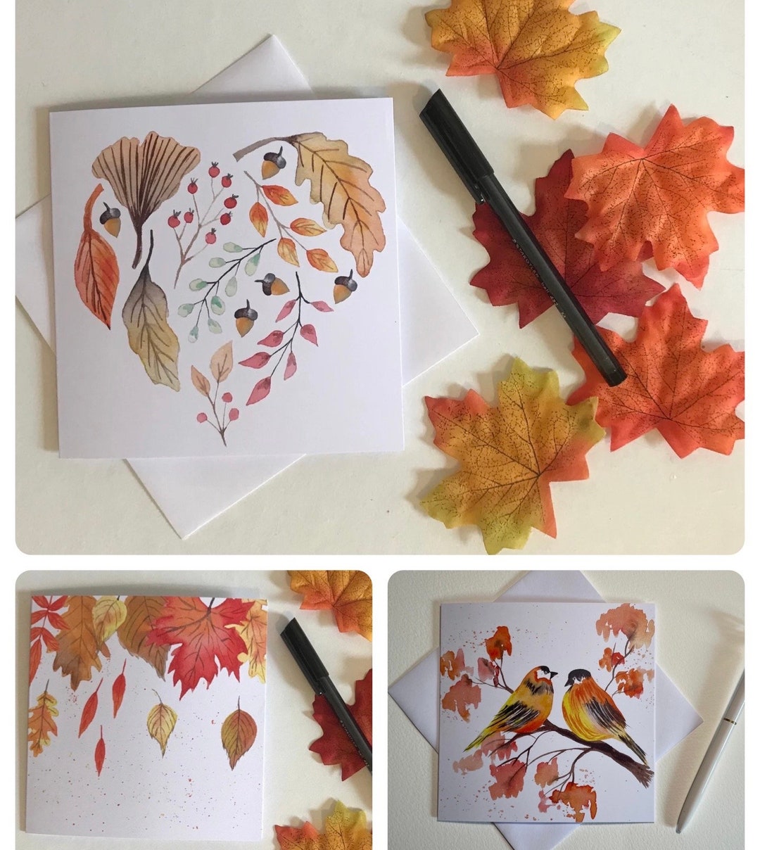 Autumn Fall Greetings Cards Pack/set Handmade Art Autumn Leaves Cards ...