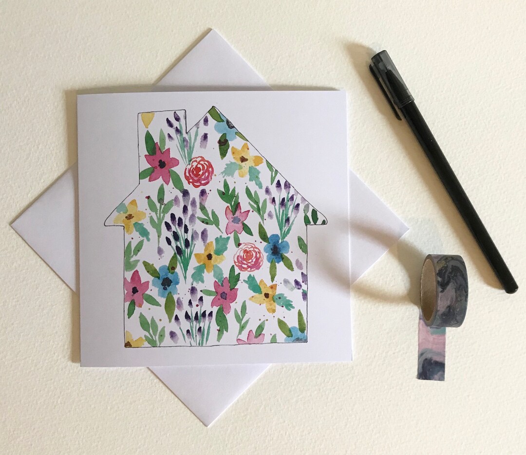 New Home Greetings Card Handmade Art Rainbow Flowers Garden House Card ...