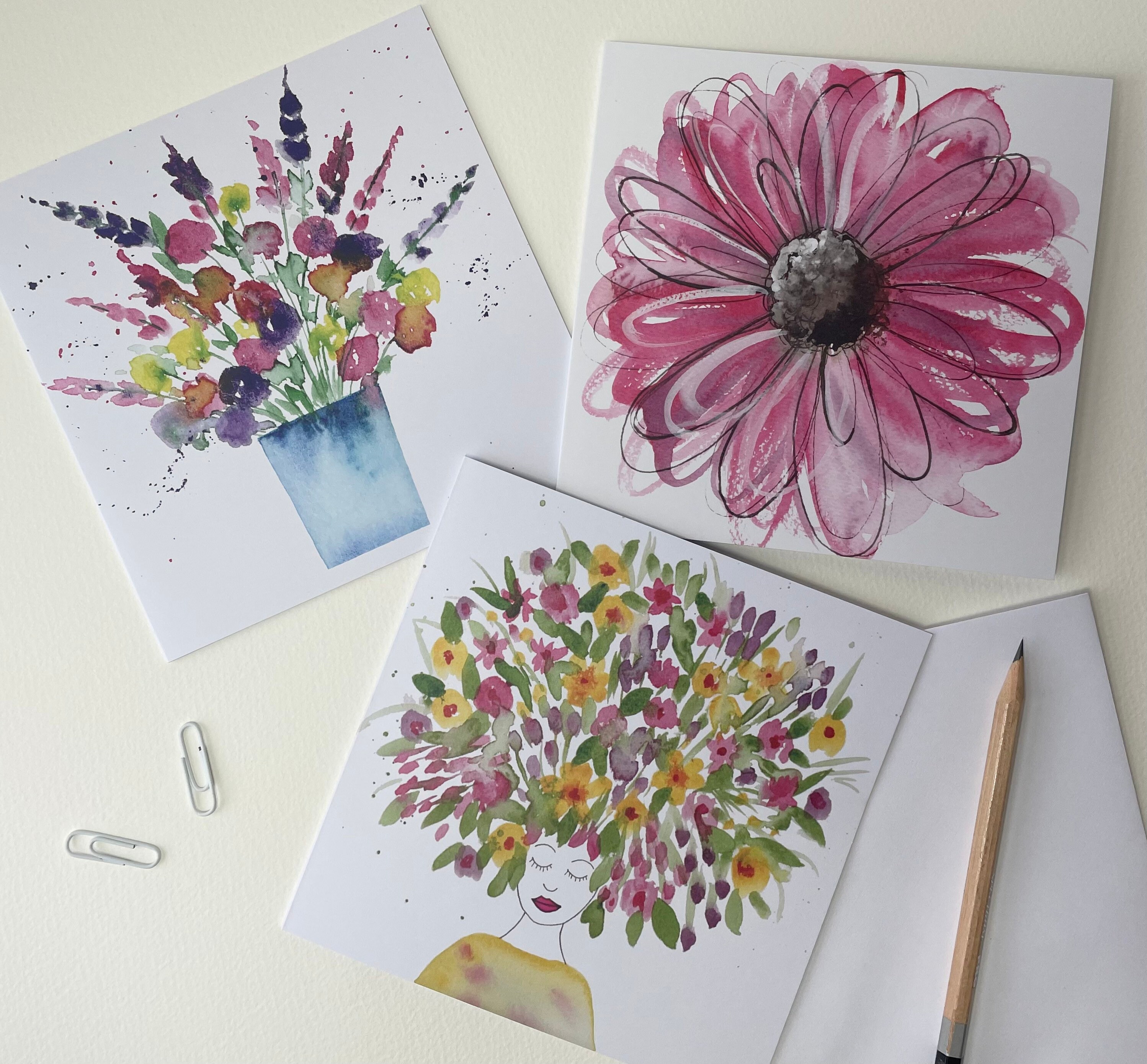 Pink and Yellow Greetings Cards Pack/set Handmade Art Watercolour ...