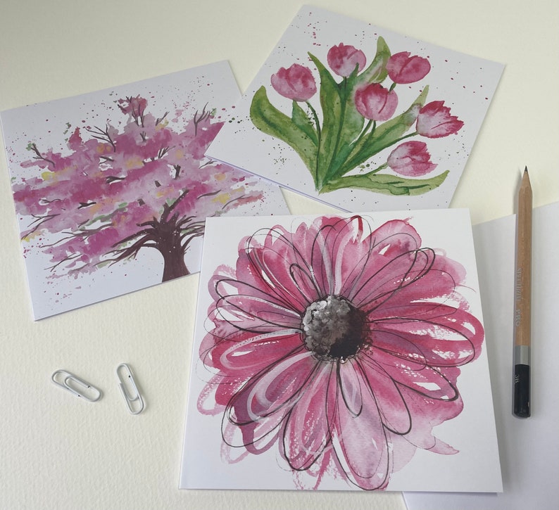 Pink Greetings Cards Pack/set Handmade - Art Watercolour Floral Design ...