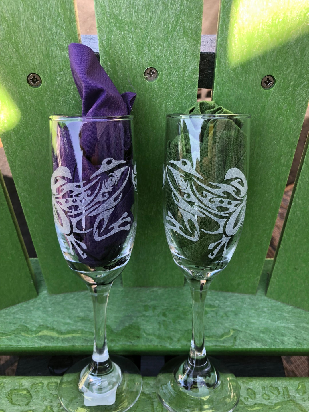 Flute Wine / Champagne Glasses Custom Engraved Tree Frogs Matched Set ...