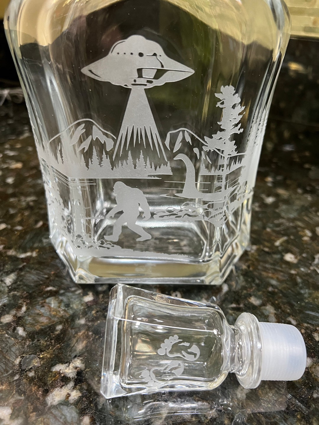 Sasquatch Decanter W Nessie and a Visiting Alien Ship & Scenic View ...