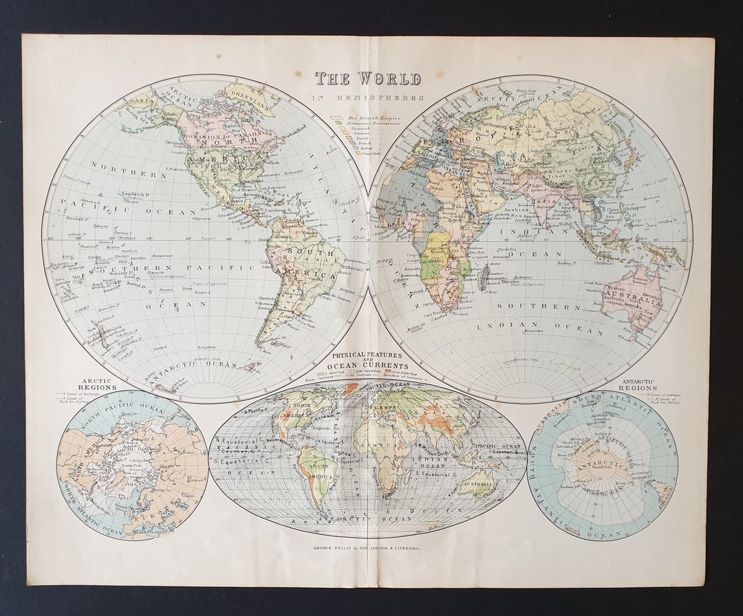 World Hemispheres - Original 1902 Map - Etsy