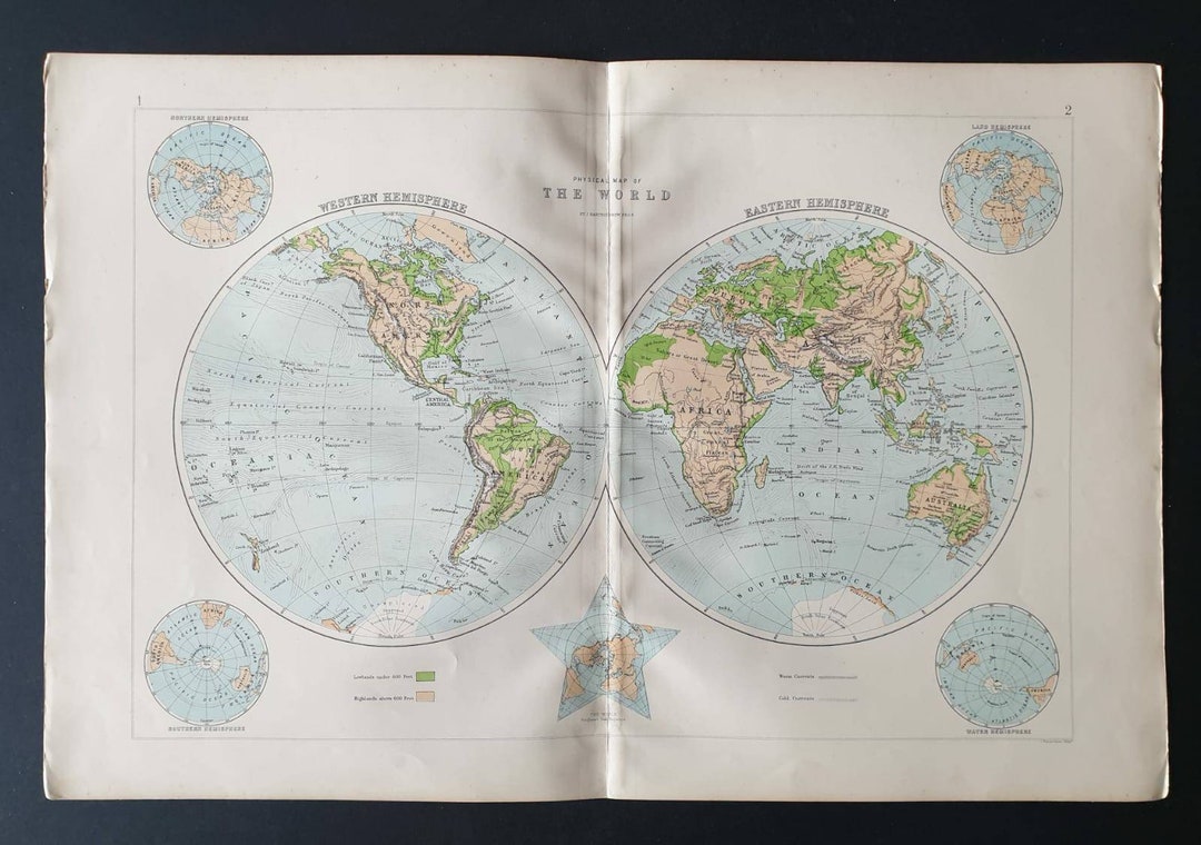 Original 1903 Map - the World Hemispheres - Etsy