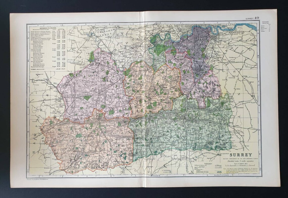 Original 1900 Large Antique County Map - Surrey - Etsy UK