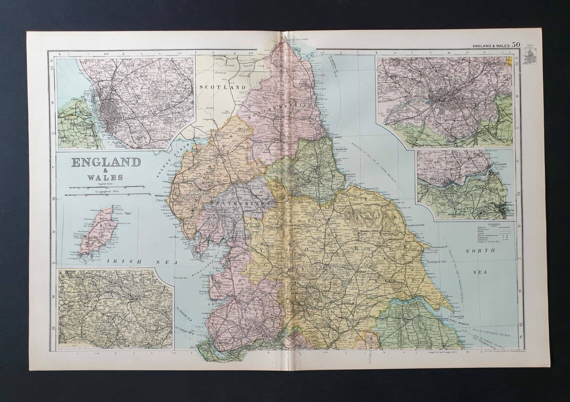 Original 1900 Large Antique Map England North - Etsy