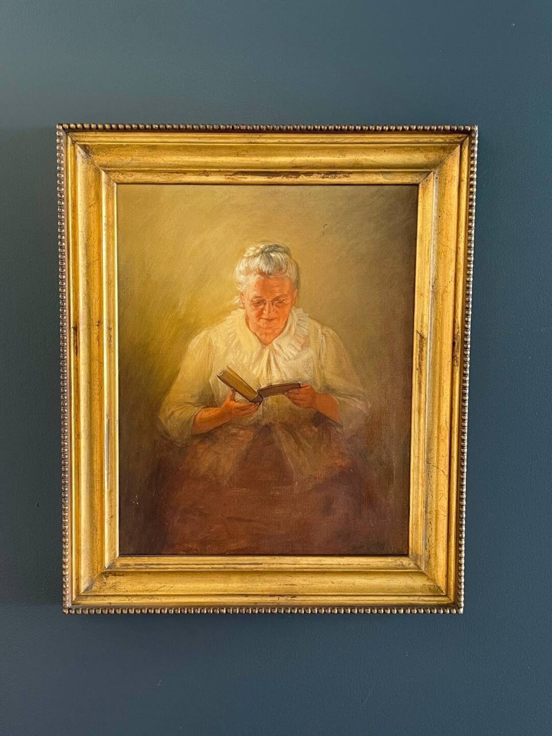 Antique Portrait Painting of Matriarch Reading With Gold Leaf Frame, C ...