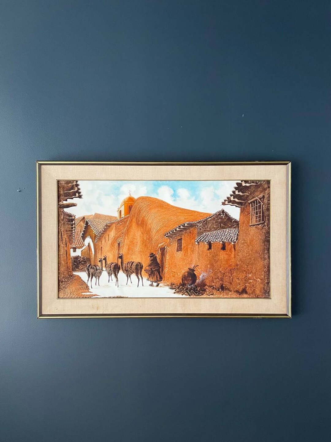 Vintage Llamas in Peruvian Village Oil Painting With Brass Accent Frame ...