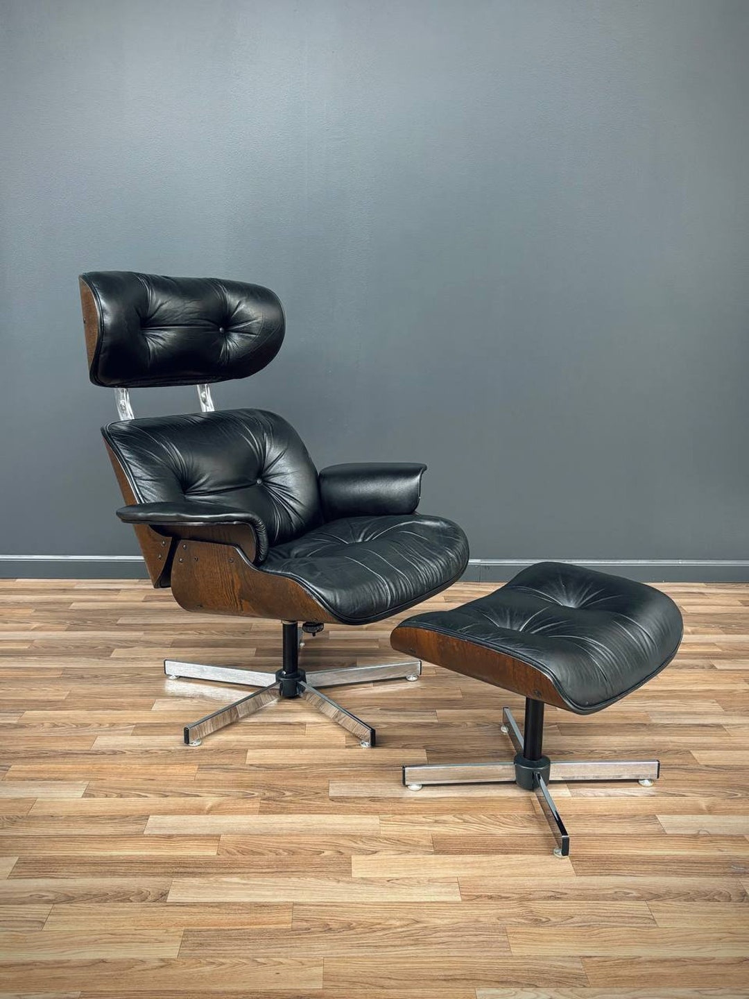 Mid-century Modern Black Leather Lounge Chair With Ottoman by Plycraft ...