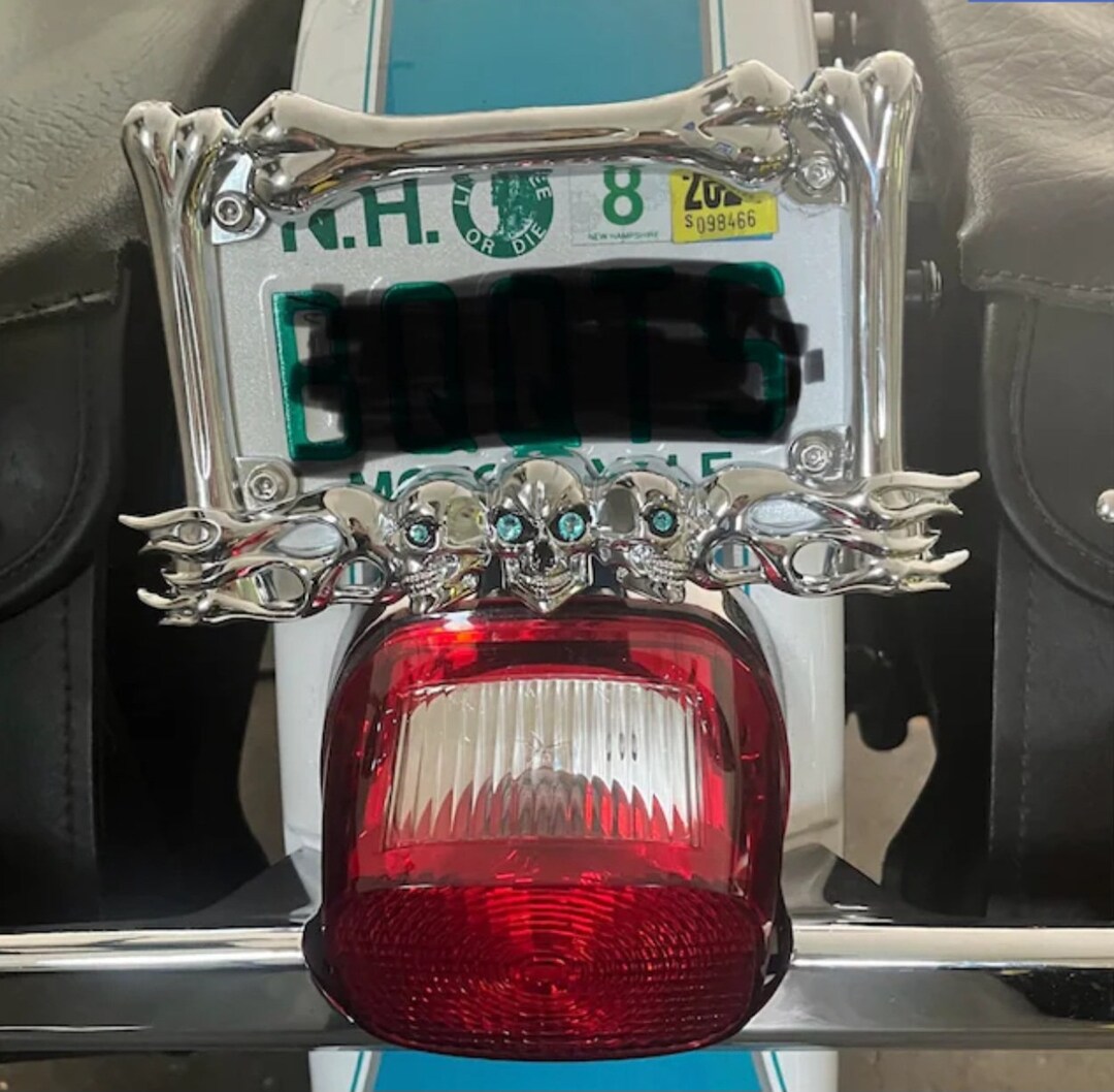 3 Skulls BLING Chrome Metal Flames Bones Motorcycle Biker License Plate ...