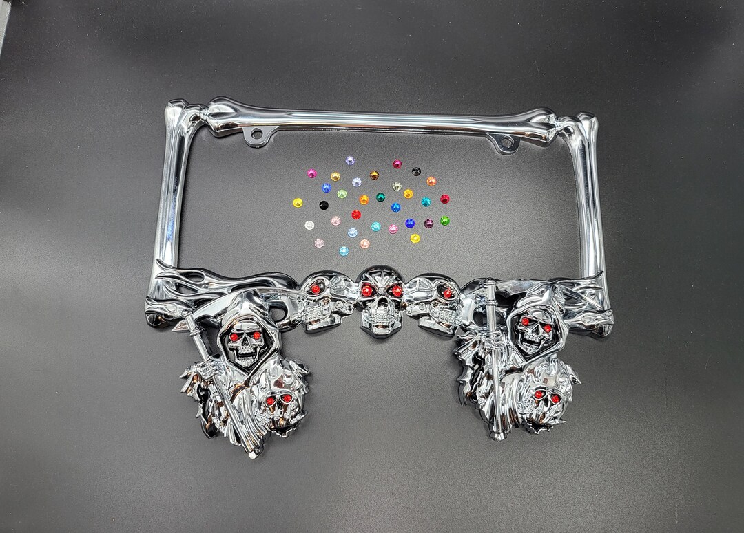 TRIPLE THREAT 1 Skull & Bone Car License Plate Frame and 2 Grim Reaper ...