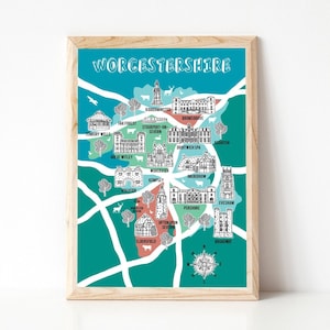 Worcestershire Map, Illustrated Map, Worcestershire Gift, County Map ...