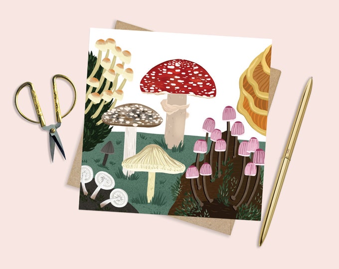 Fungi Card, Cute Mushroom Card, Nature Card, Woodland Mushrooms Card ...