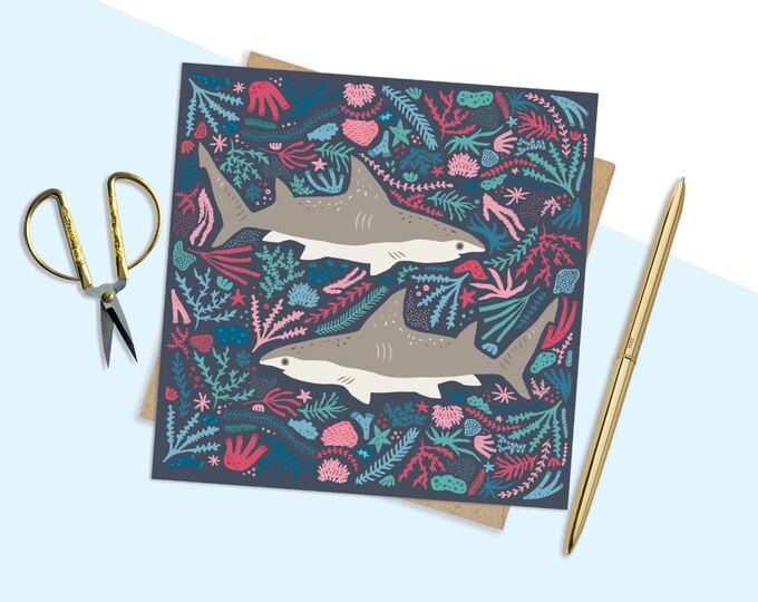 Sharks Greetings Card, Ocean Creature Card, Nautical Card, Shark Lover ...