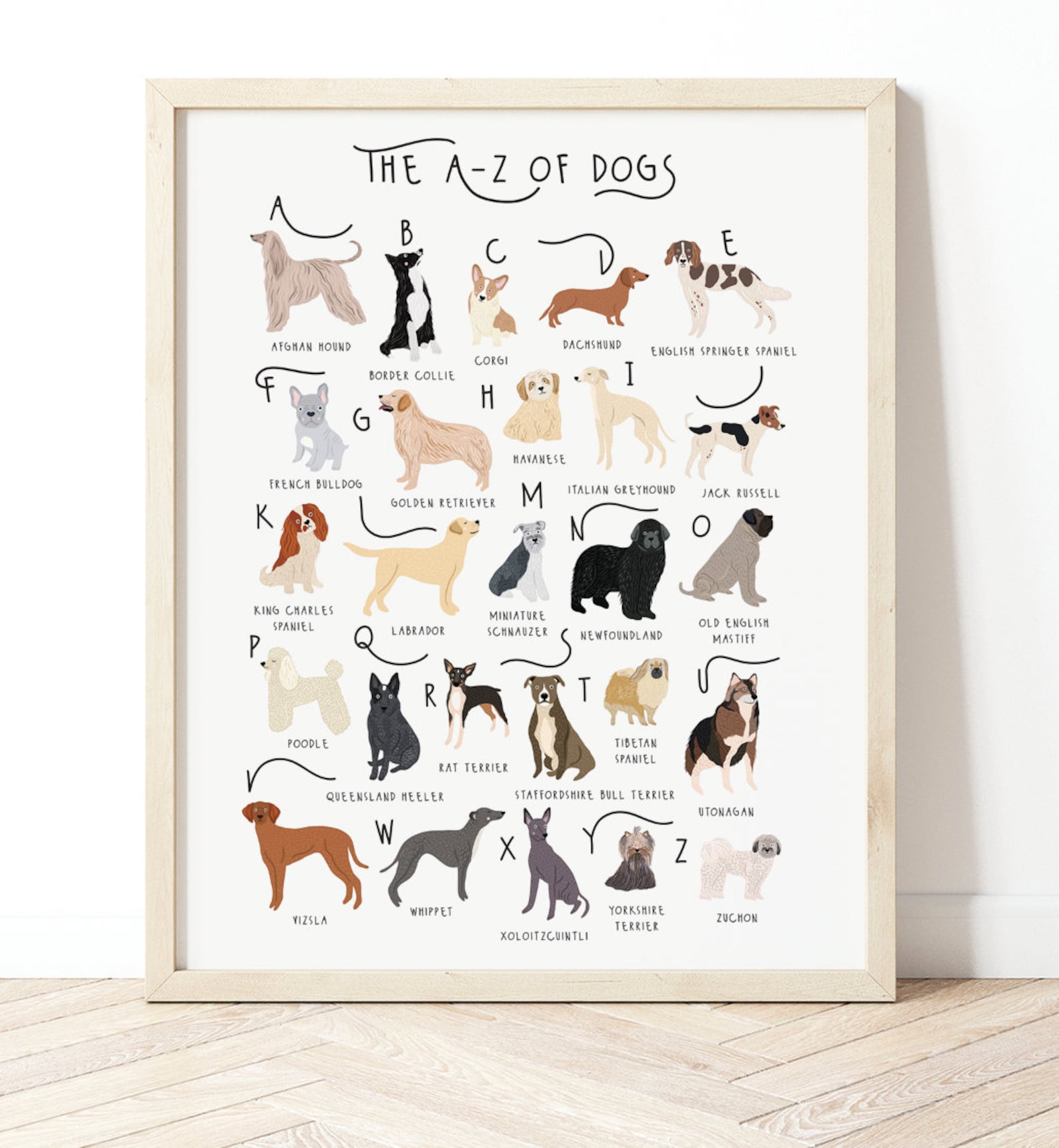 A-Z of Dogs Poster, Dogs Alphabet, Dog Poster Illustration, Pet ...