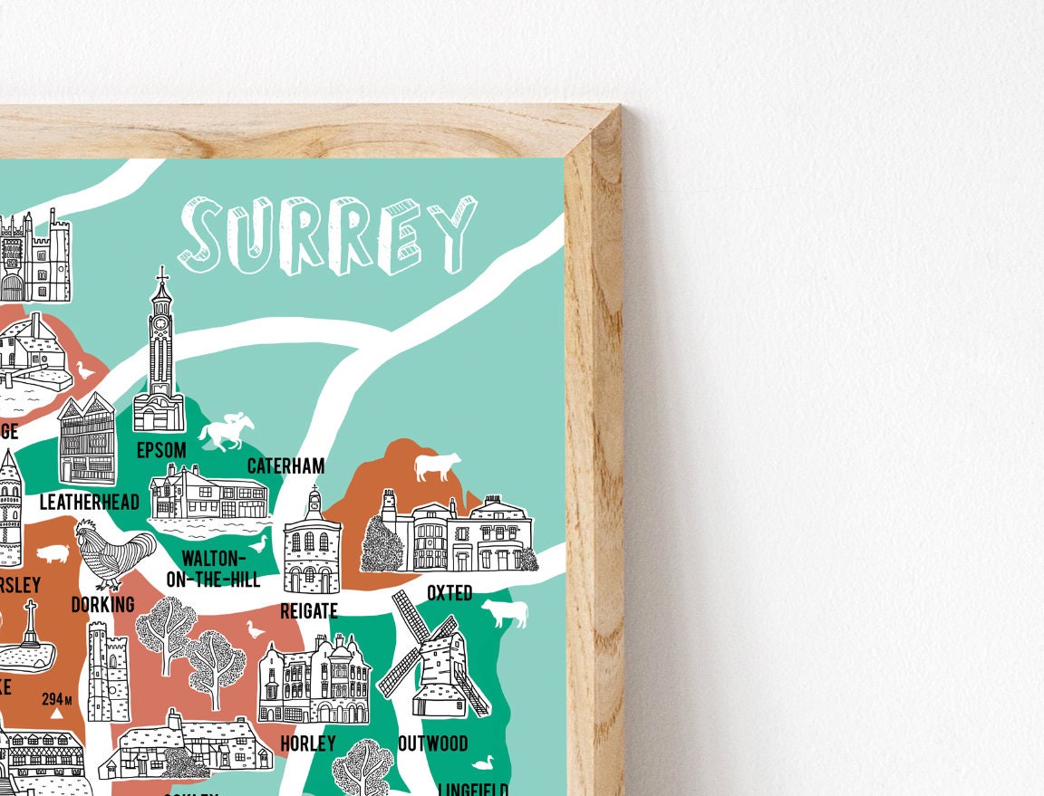 Surrey Map Illustrated Map Surrey Gifts Map of Surrey - Etsy UK