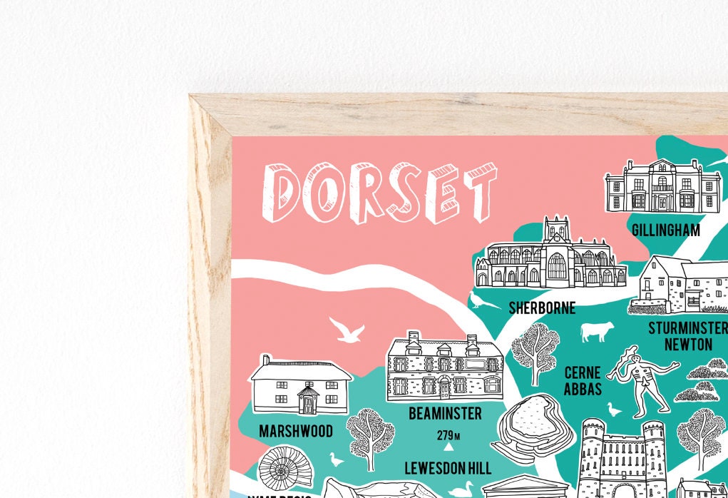Dorset Map, Illustrated Map, Dorset Gift, Map of Dorset, Dorset Art ...