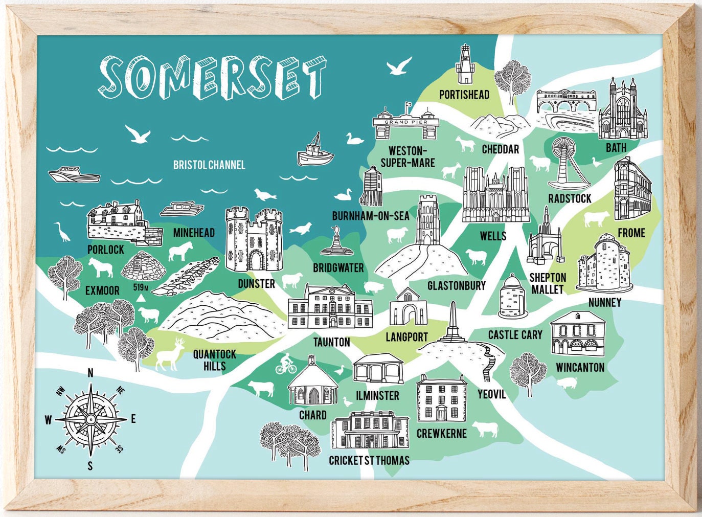 Somerset Map Illustrated Map Somerset Gift County Map Map - Etsy UK