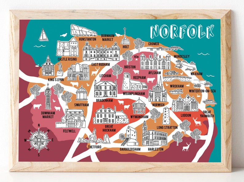 Norfolk Map Illustrated Map Norfolk Gift Map of Norfolk - Etsy UK
