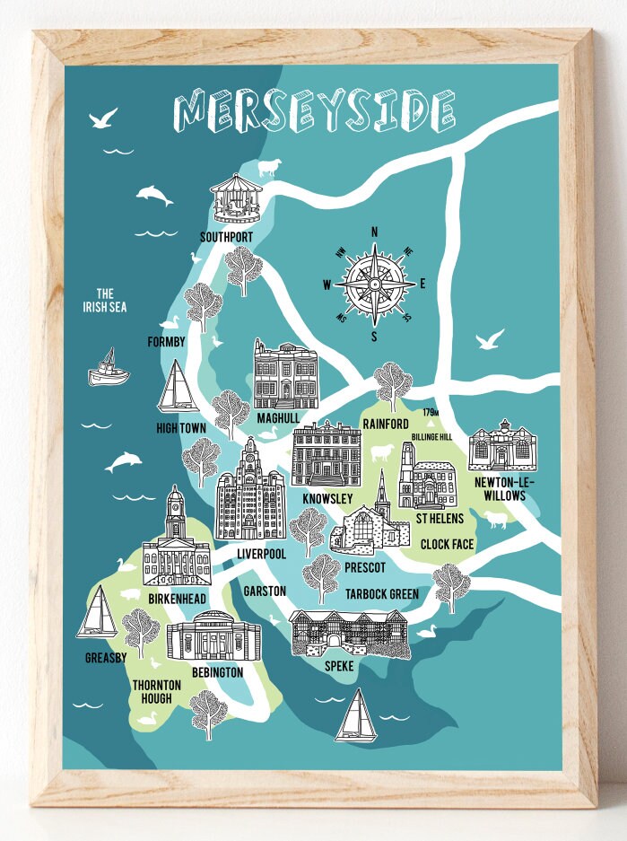 Merseyside Map Illustrated Map Merseyside Gifts Map of - Etsy UK