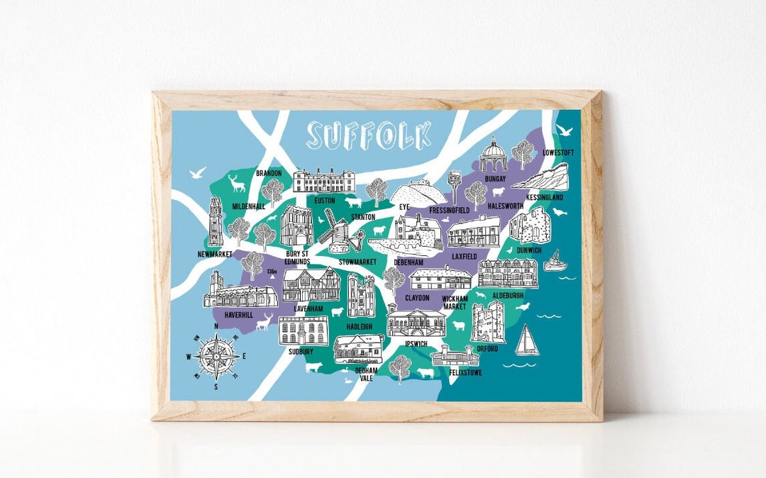 Suffolk Map, Illustrated Map, Suffolk Gift, Map of Suffolk, Map ...