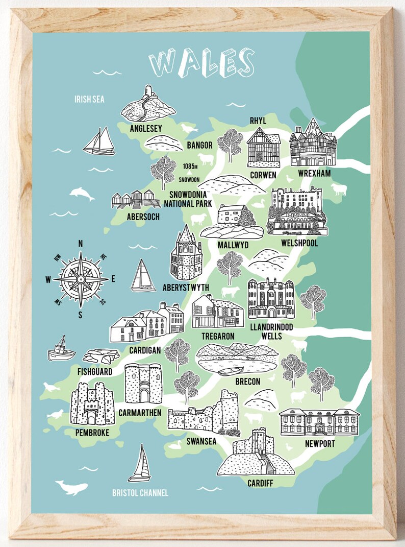 Wales Map Illustrated Map Wales Gifts Map of Wales Map | Etsy