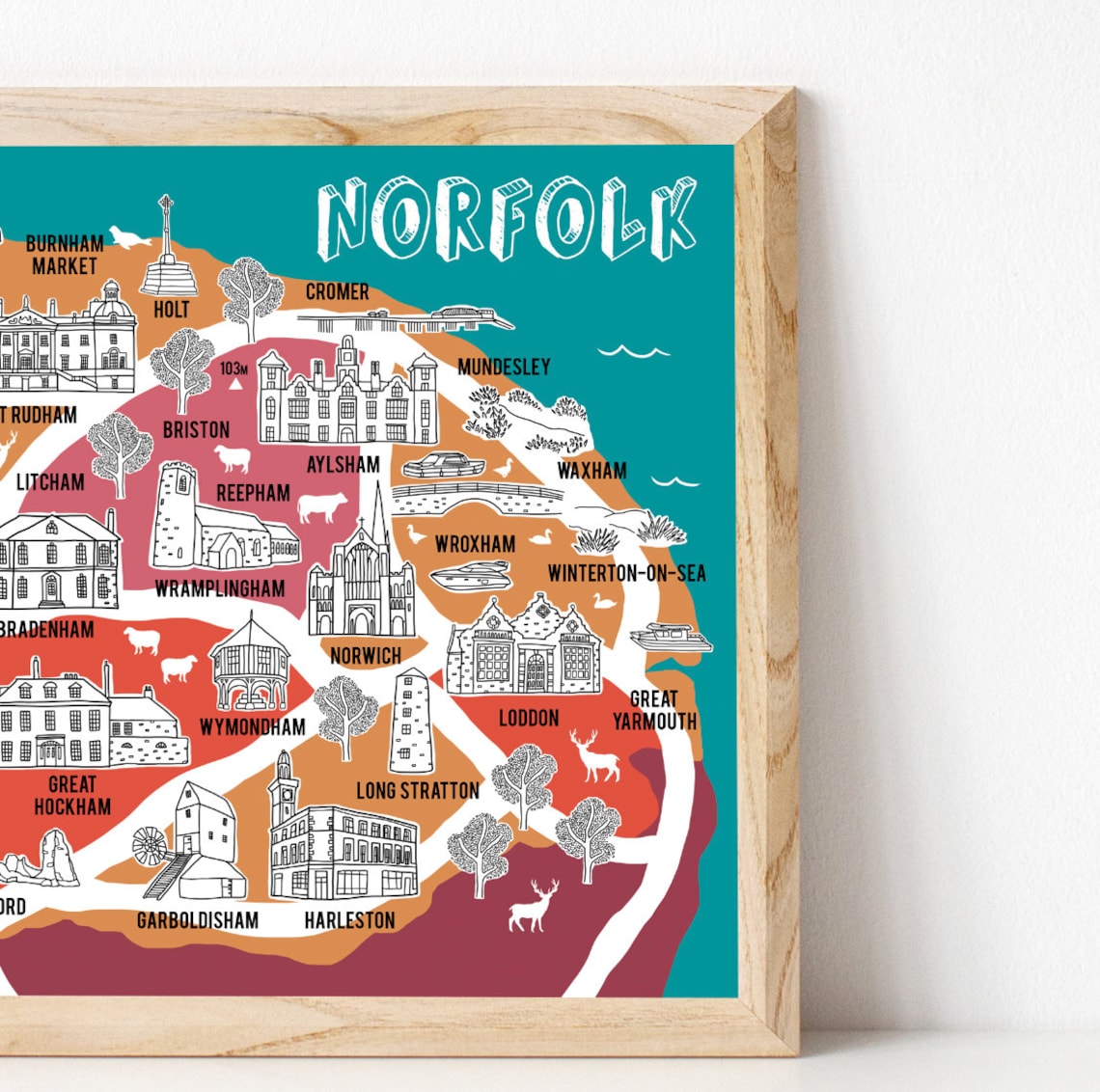 Norfolk Map Illustrated Map Norfolk Gift Map of Norfolk | Etsy UK