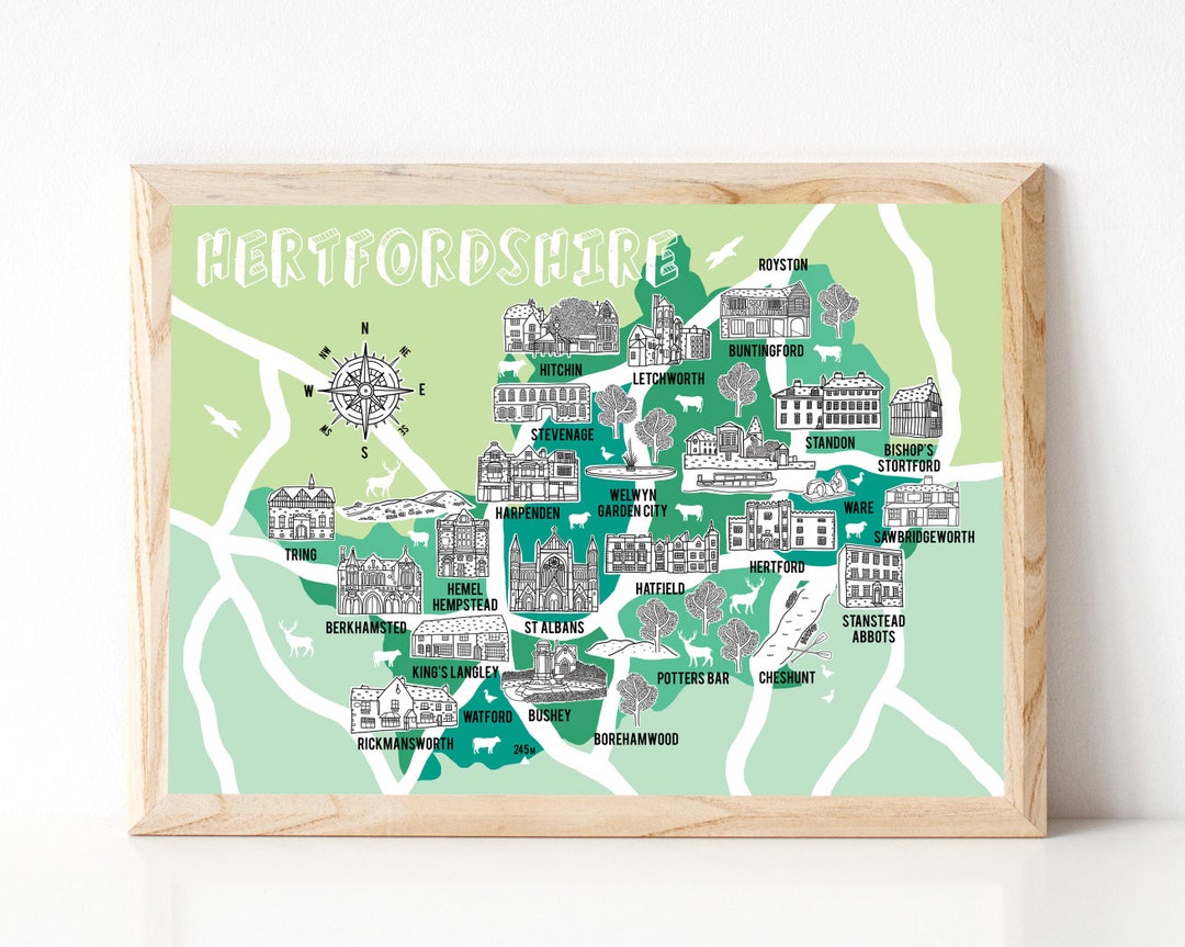 Hertfordshire Map, Illustrated Map, Hertfordshire Gifts, Map of ...