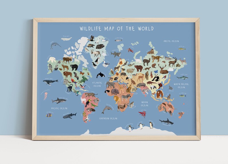 Wildlife Map of the World Wildlife map print world map | Etsy
