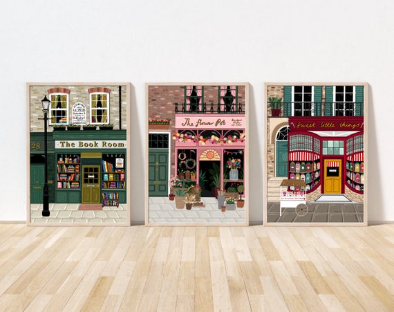 Set of 3 British Shop Front Prints Book Shop Print Florist - Etsy