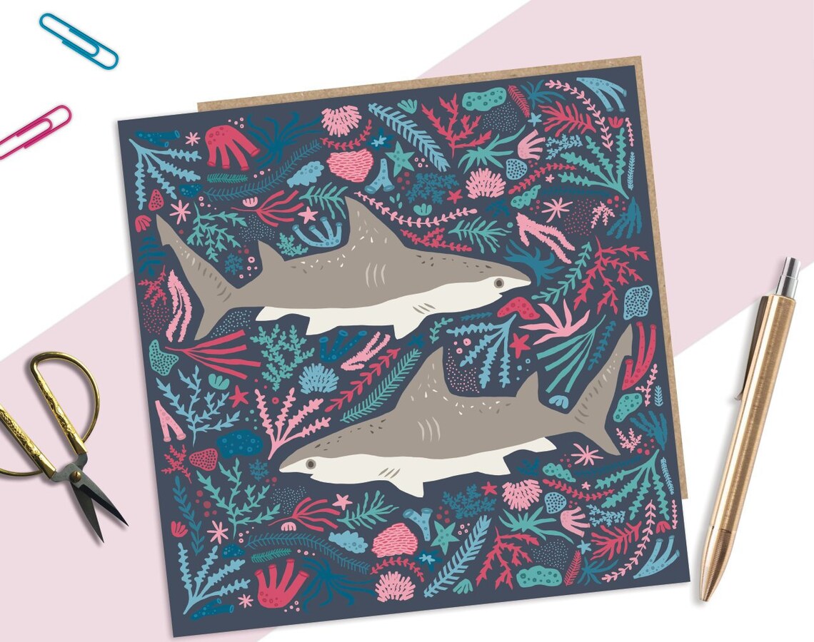 Sharks Greetings Card Ocean Creature Card Nautical Card | Etsy