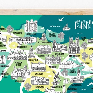 Kent Map, Illustrated Map, Kent Gifts, Map of Kent, Kent Art, Map ...