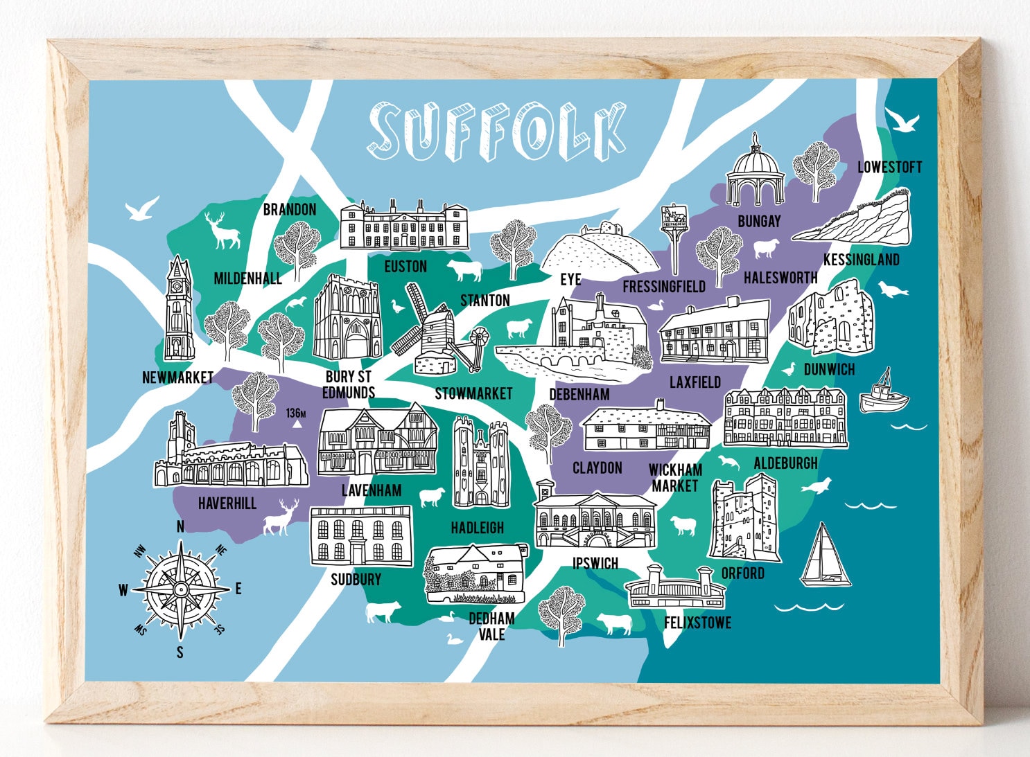 Suffolk Map Illustrated Map Suffolk Gift Map of Suffolk - Etsy UK