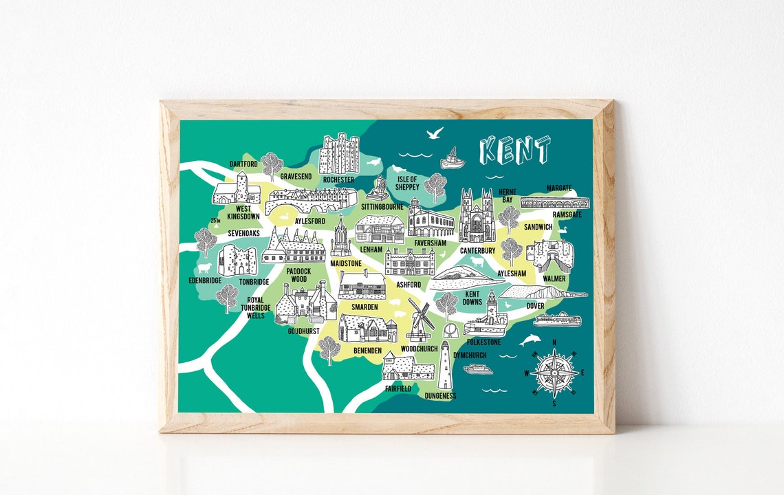 Kent Map Illustrated Map Kent Gifts Map of Kent Kent Art - Etsy UK