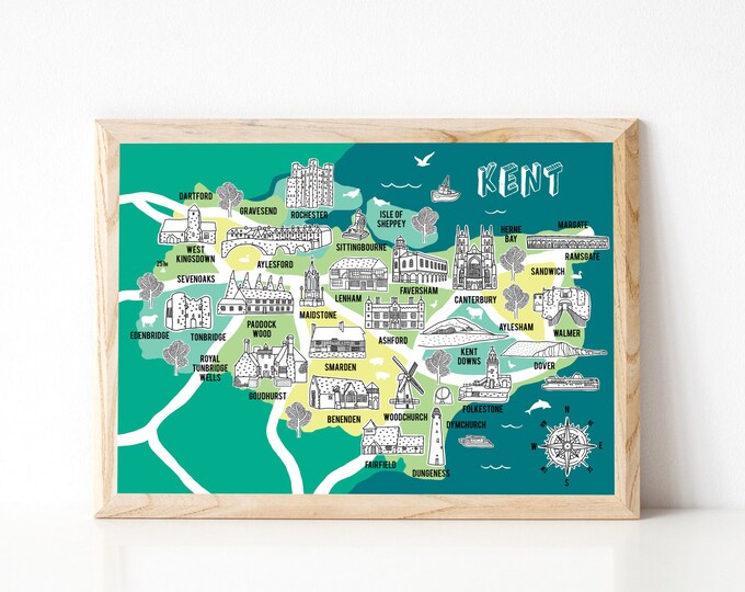 Kent Map Illustrated Map Kent Gifts Map of Kent Kent Art - Etsy