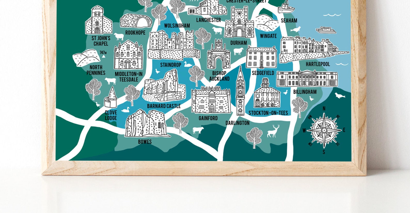 County Durham Map, Illustrated Map, County Durham Gift, Map of Durham ...